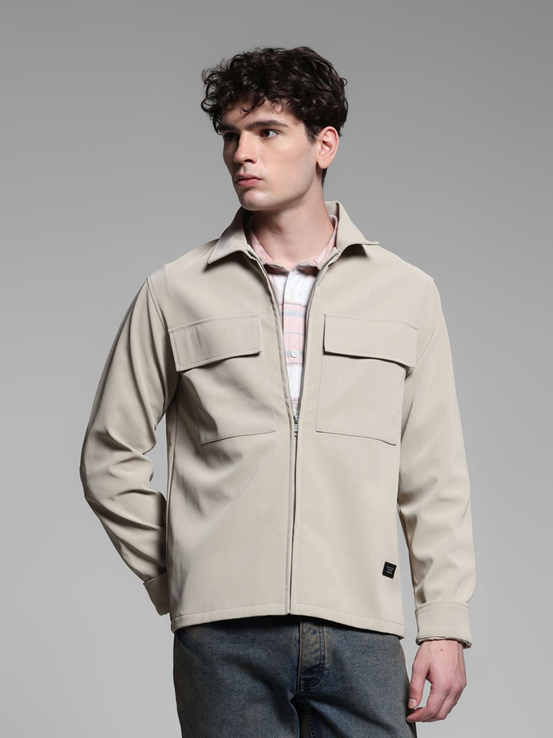 Beige Striped Shacket