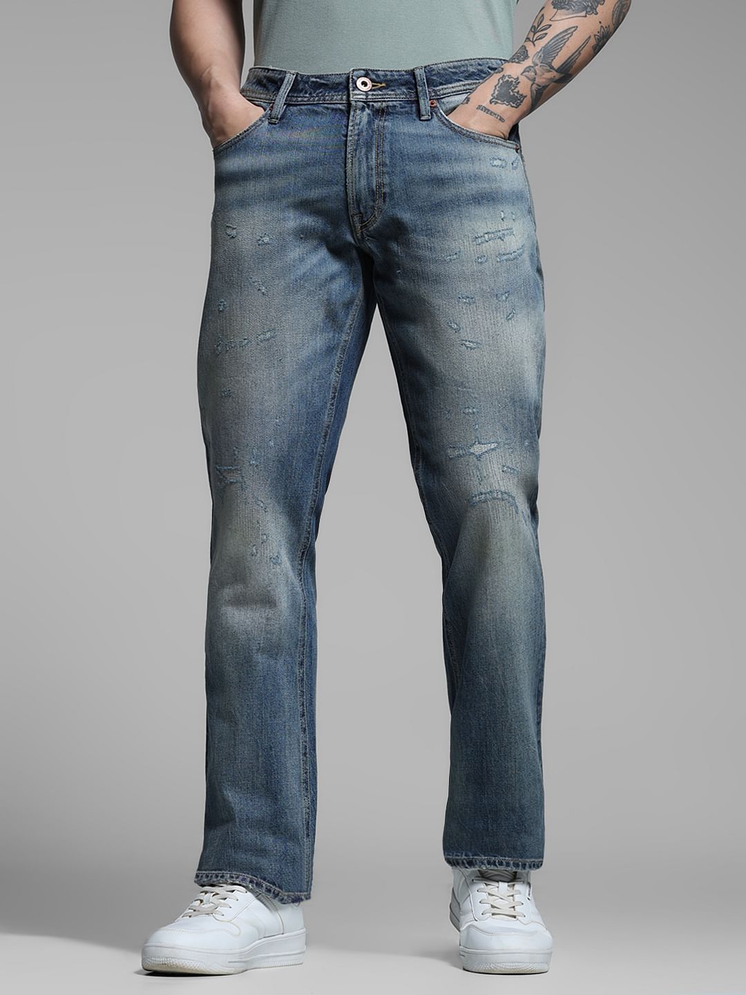 Dark Blue Low Rise Distressed Regular Fit Jeans